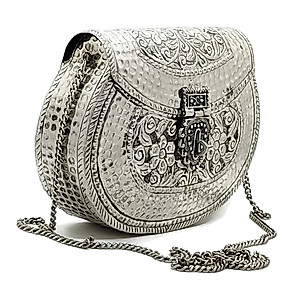 Jiya Indian Brass Handmade Bridal Women's Antique Brass Purse Ethnic Metal Clutch Gift (Silver)