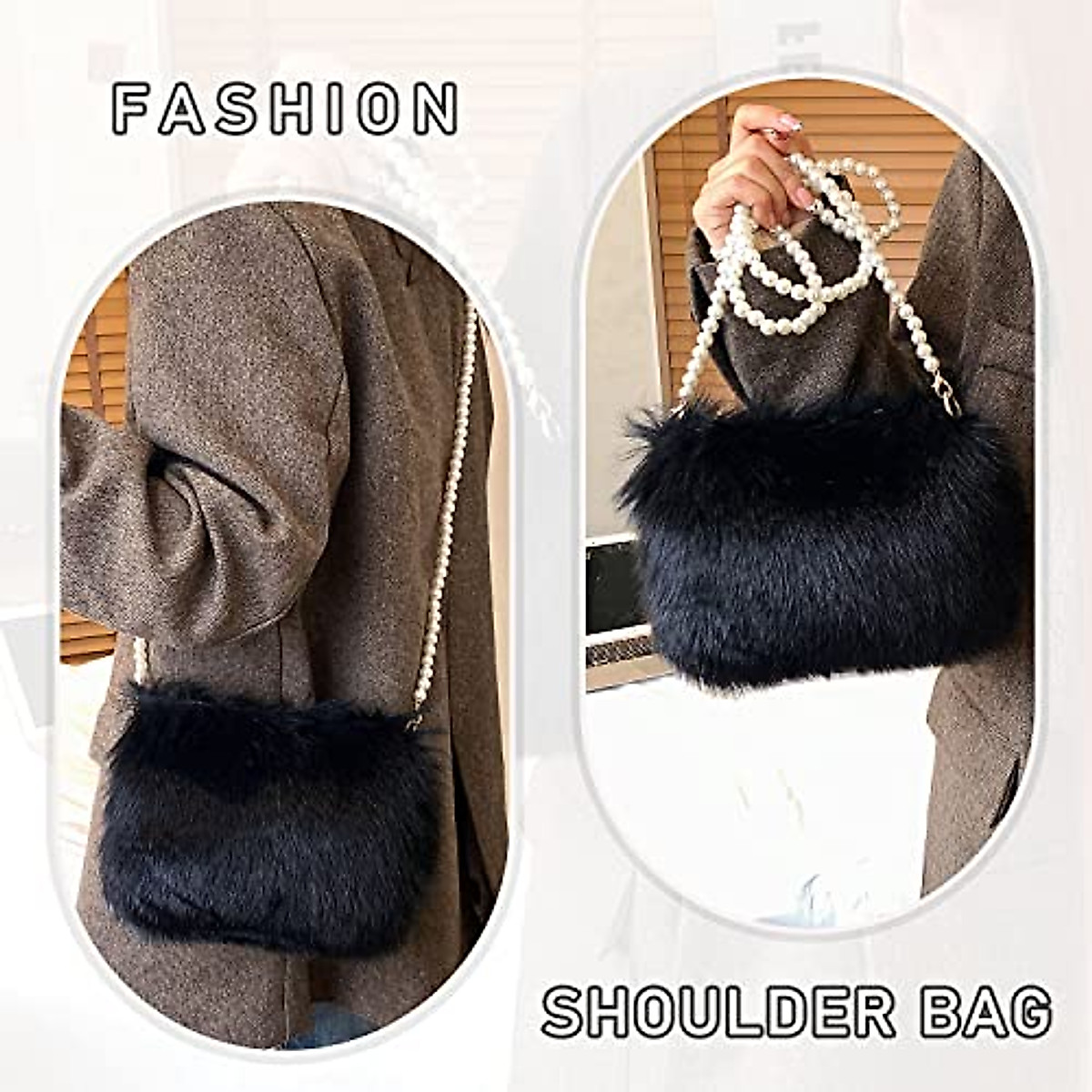 Oweisong Faux Fur Clutch Purses for Women Evening Bag Fluffy Fuzzy Handbags Black Furry Shoulder Bag for Wedding Party