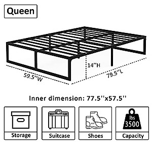 Yitong Angel 14 Inch Queen Bed Frame,3500 lbs Heavy Duty Metal Platform, Steel Slats Support/No Box Spring Needed/Noise Free/Non-Slip/Easy Assembly