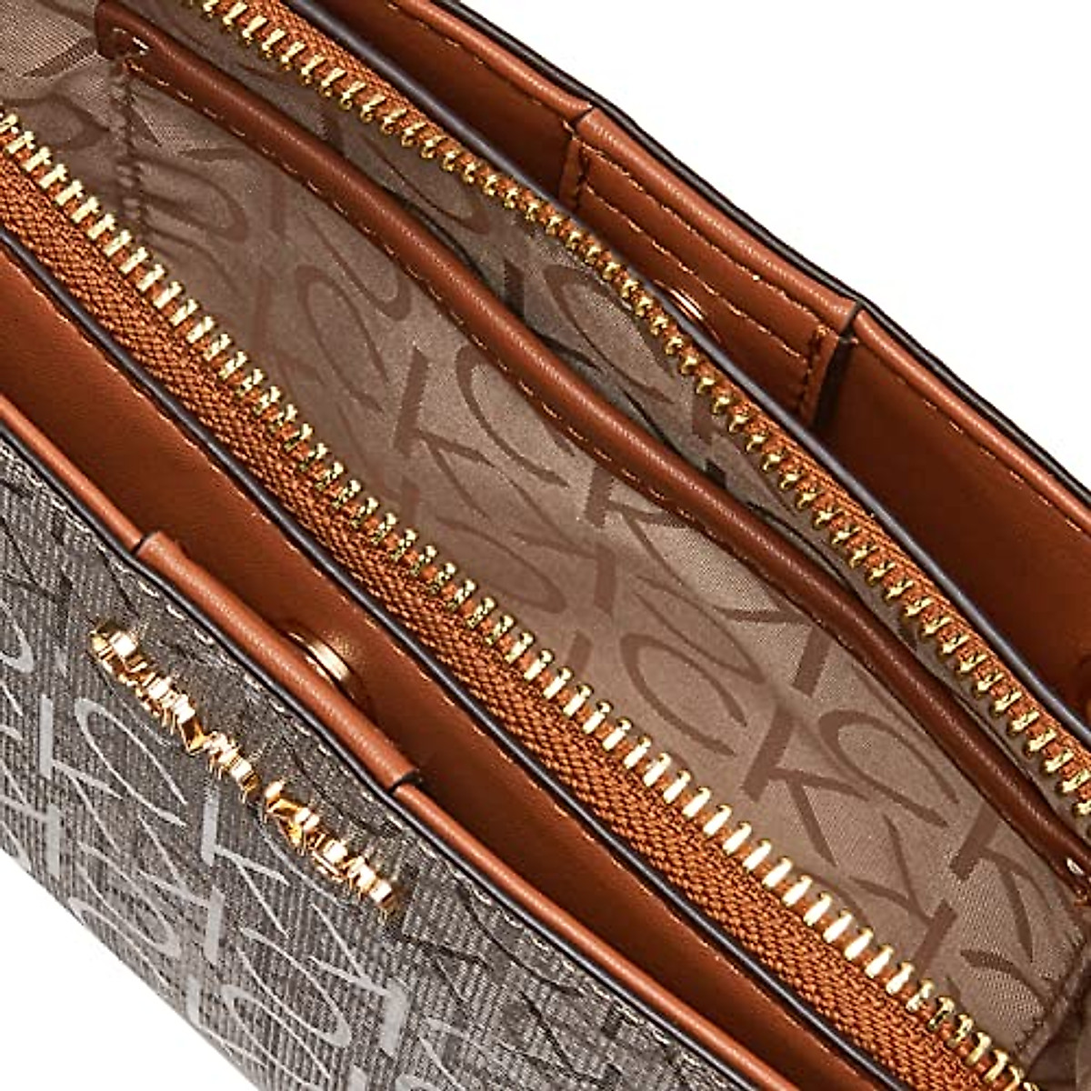 Calvin Klein Lucy Triple Compartment Crossbody, Almond/Taupe/Caramel Embossed