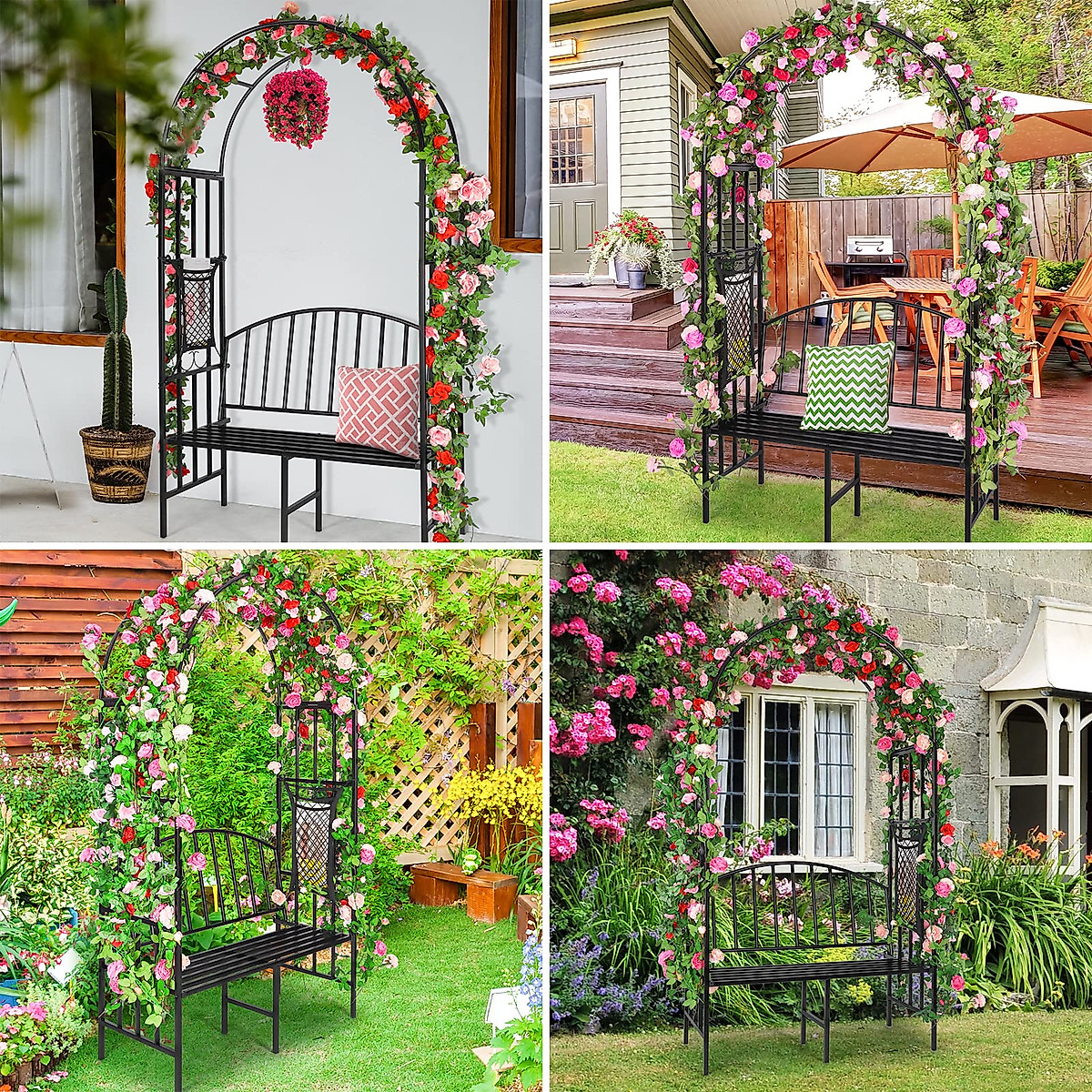 Garden Arch Heavy Duty (Holds 660lbs-250kg) | Metal Arbor Archway for Climbing Plant & Two People Seat Bench |Outdoor Lawn Backyard Decor 81 x 45.3 x 20 in - Black