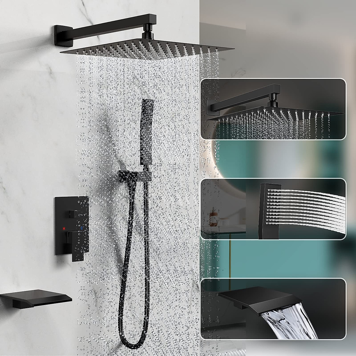 Rain Shower System 12 inch Shower Faucet Set with Tub Spout,Bathroom Wall Mounted Waterfall Shower Head Faucet Sets Complete with Handheld Spray,Rough-in Valve Body and Trim kit,Matte Black
