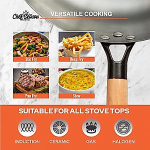 ChefSeason Carbon Steel Wok - 13.4" Flat Bottom Wok for Stir-Frying - Large Uncoated Pre-Seasoned Chinese Wok - fits Electric, Induction, and Gas Cooktops - Free Shopping Bag