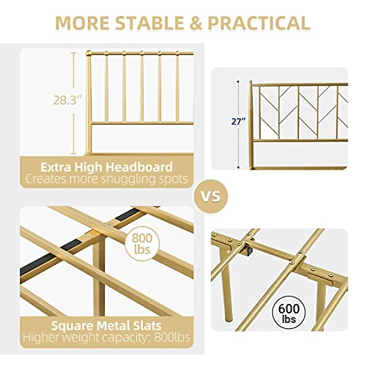 Amyove Gold Bed Frame Full Size Bed Frame with Modern Headboard, Platform Bed 14 Inches Metal Mattress Foundation for Storage, No Box Spring Needed, Easy Assembly, Gold