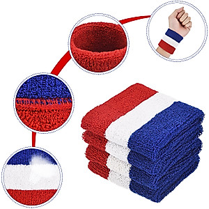 12 Pcs Striped Sweatbands Includes 4 Pcs Gay Pride Striped Headband 8 Pcs Rainbow Wristbands Sweatbands for Men Women Terry Cloth Gym LGBT Pride Parade Sports Supplies (Red White and Blue)