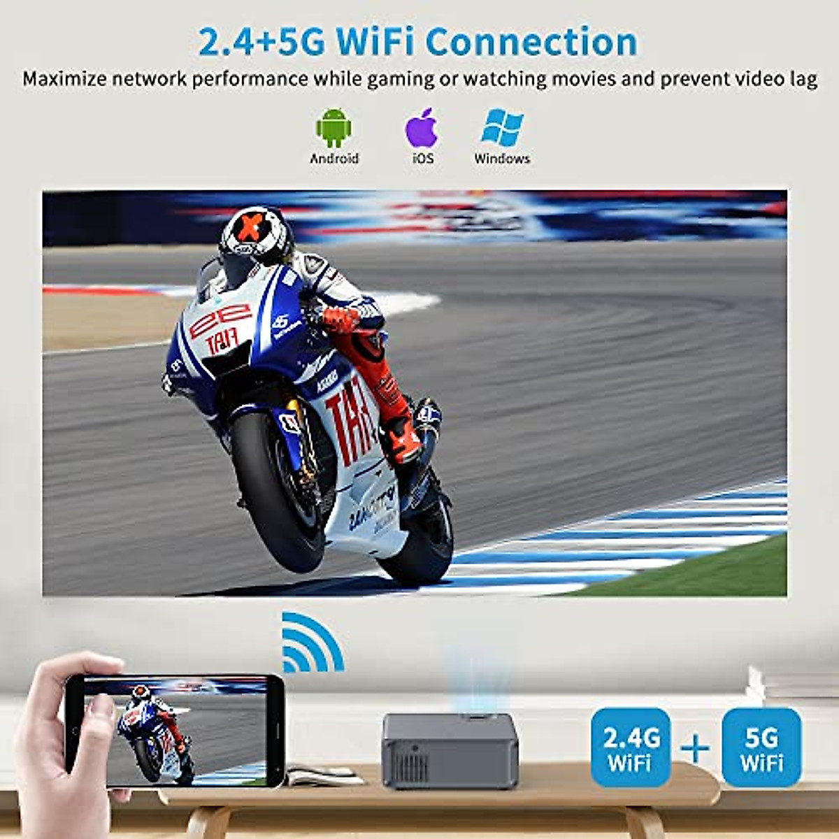 Portable 4K 5G WiFi Projector Native 1080P Bluetooth Projector with Android 9.0 OS 40% Zoom 4D/4P Keystone Correction,Home Cinema Smart Movie Projector Compatible with Smartphone Tablet PC TV Stick