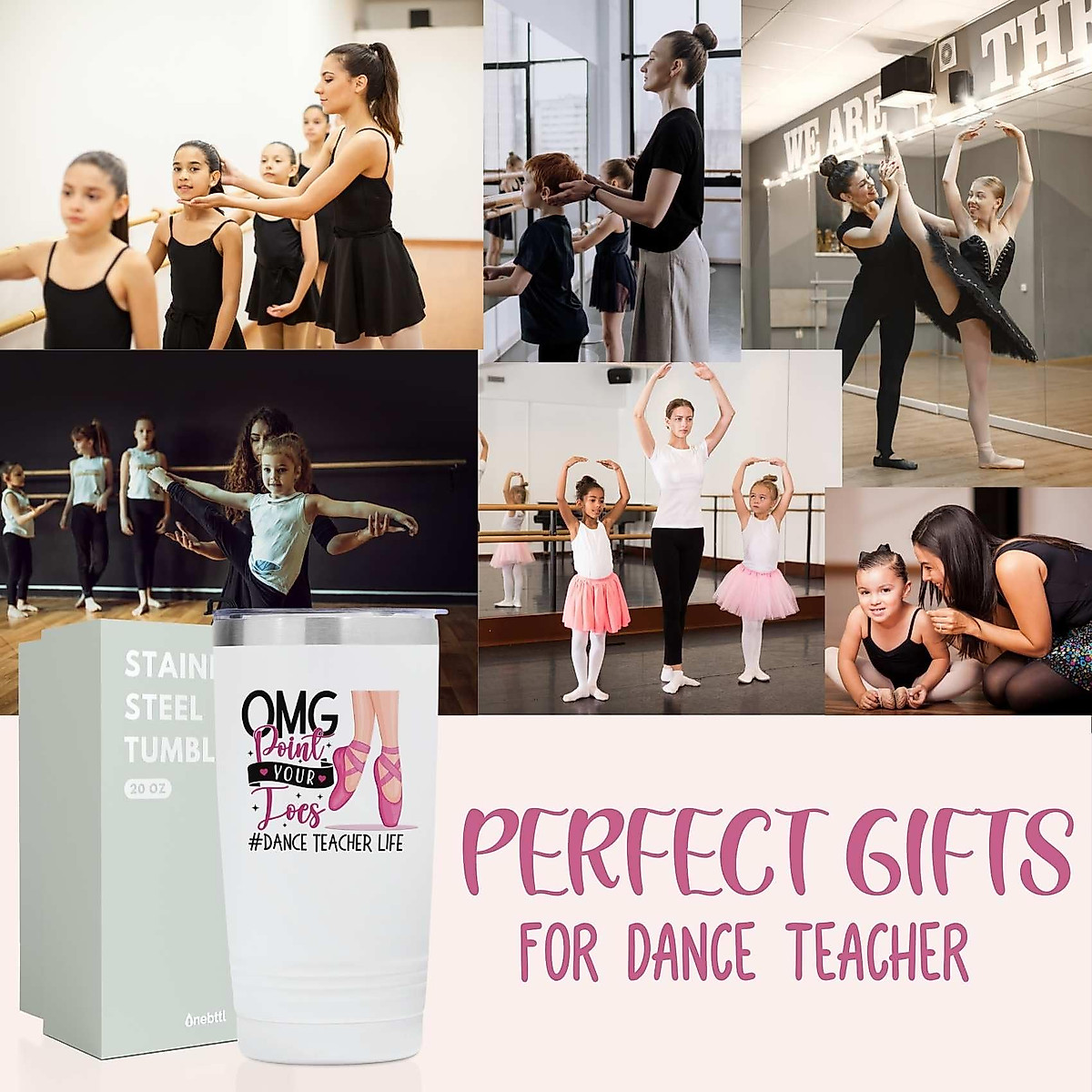 Onebttl Dance Teacher Appreciation Gift - OMG Point Your Toes - 20oz/590ml Stainless Steel Insulated Tumbler for Women, Her (White)