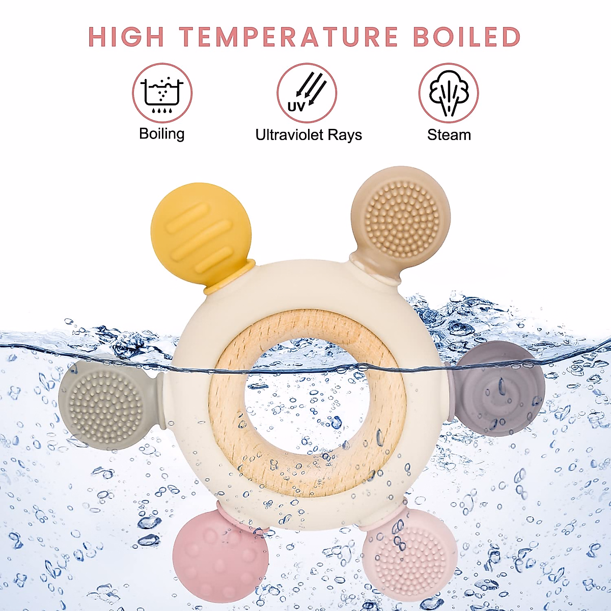 Baby Teething Toys Silicone Teethers BPA Free Silicone Rudder with Wooden Ring Soothe Babies Gums (Khaki)