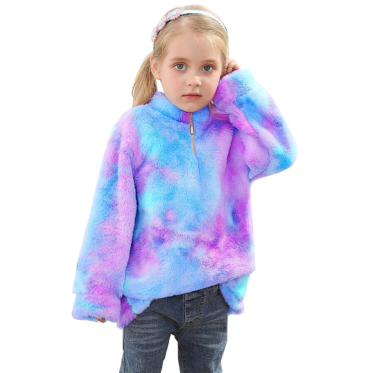 Nirovien Toddler Girls Tie Dye Fleece Jacket 1/4 Zip Sherpa Pullover Sweatshirts Outerwear Coats 2-7Y(Blue Purple,3T)