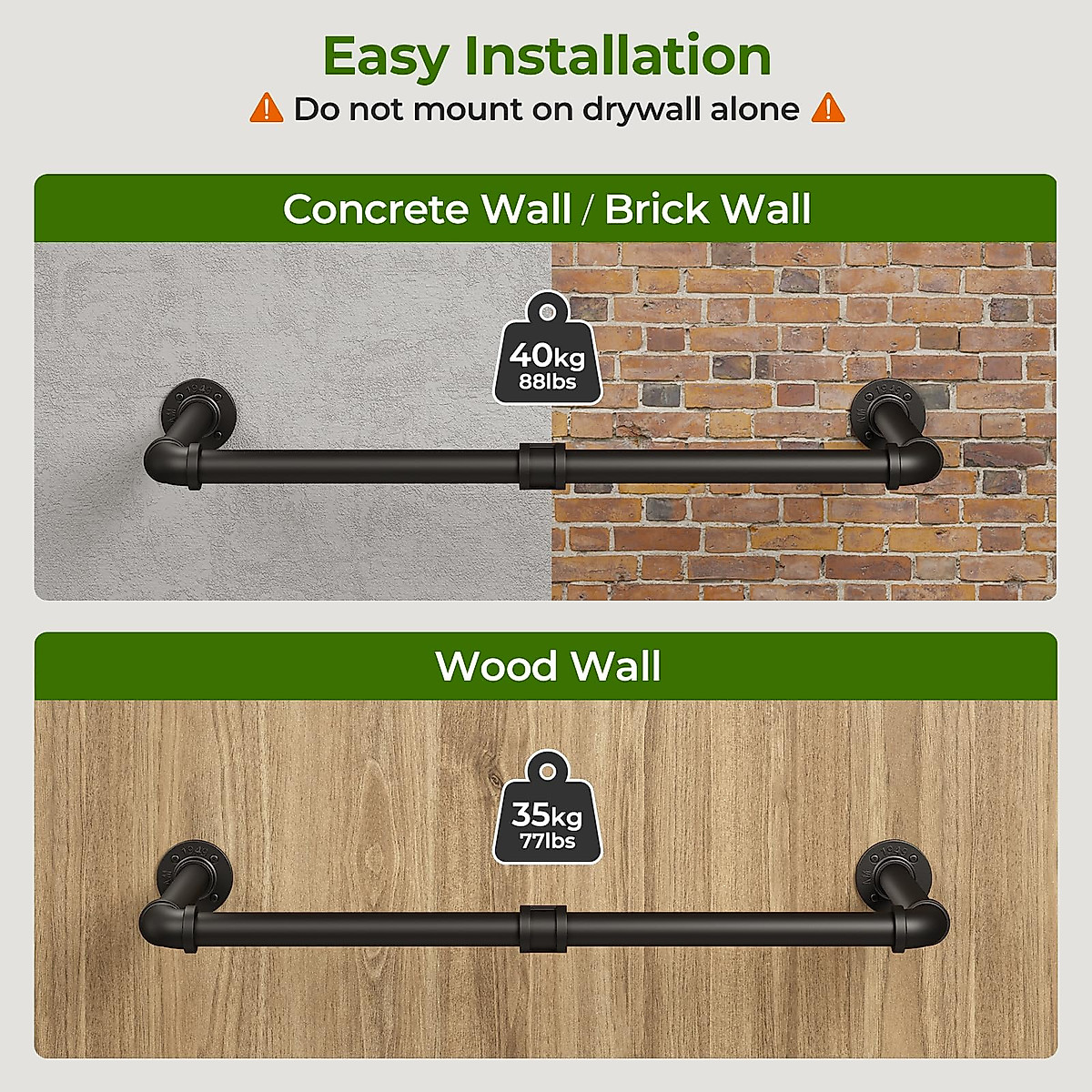 Greenstell Wall Mounted Clothes Rack, 36.2in Industrial Pipe Clothing Rack for Hanging Clothes, Space-Saving Closet Rod, Multi-Purpose Hanging Rod for Bedroom, Laundry Room, 2 Base (1 Pack)