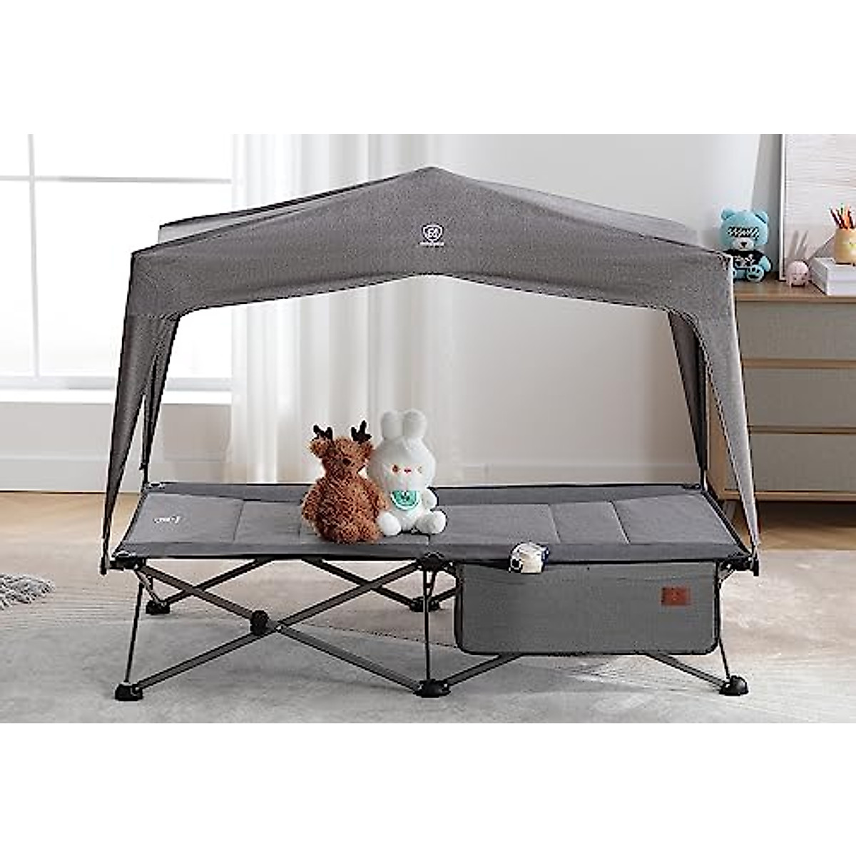 EVER ADVANCED Portable Deluxe Toddler Sleeping Cot with Canopy, Foldable Kids Camping Cot Travel Bed, with Carry Bag, for Indoor & Outdoor,140lbs, Grey