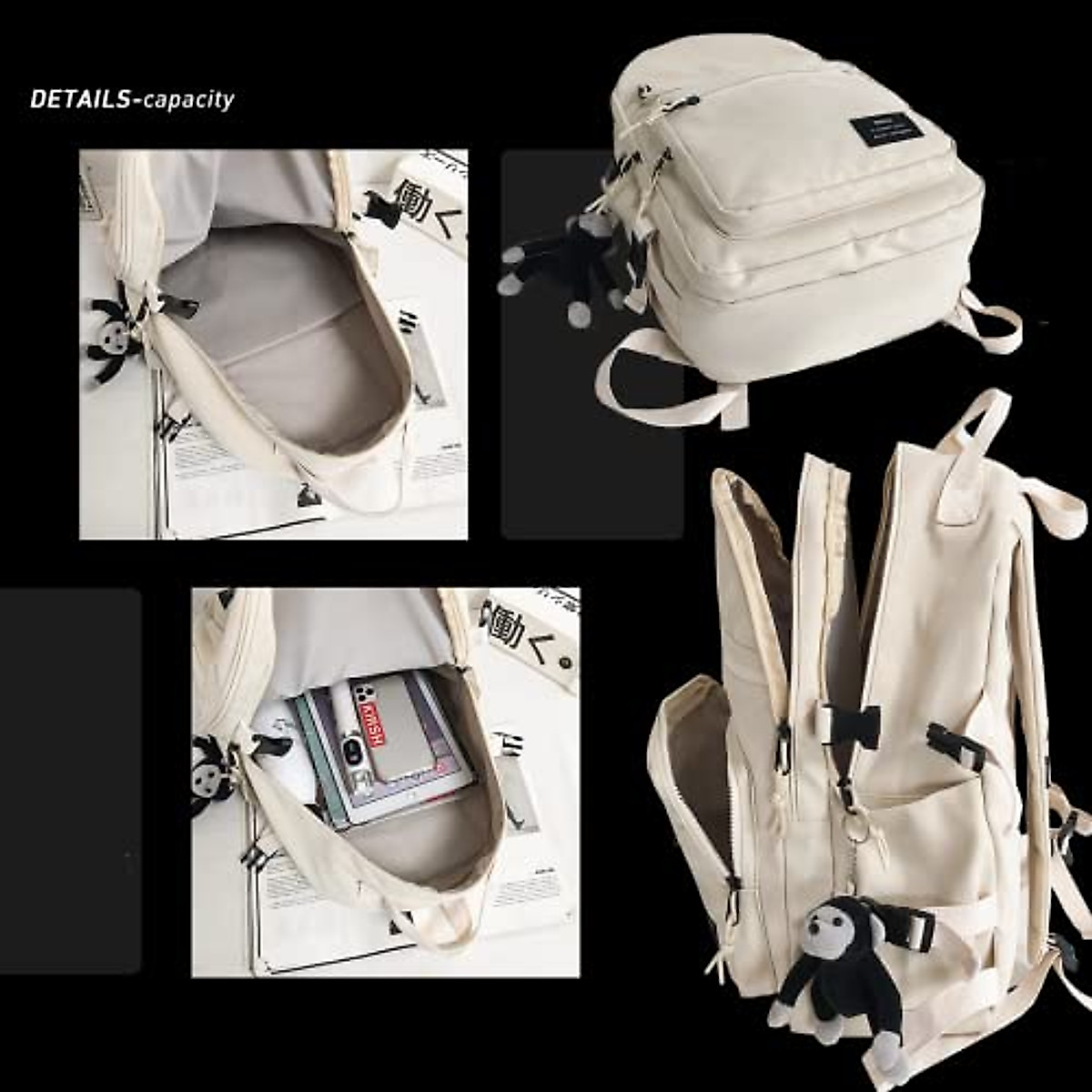 HIQUAY Large Backpack BasicRucksack for Teen Girls Aesthetic Student Bookbags with Pendant and Lots of Pockets for School (Off-White)