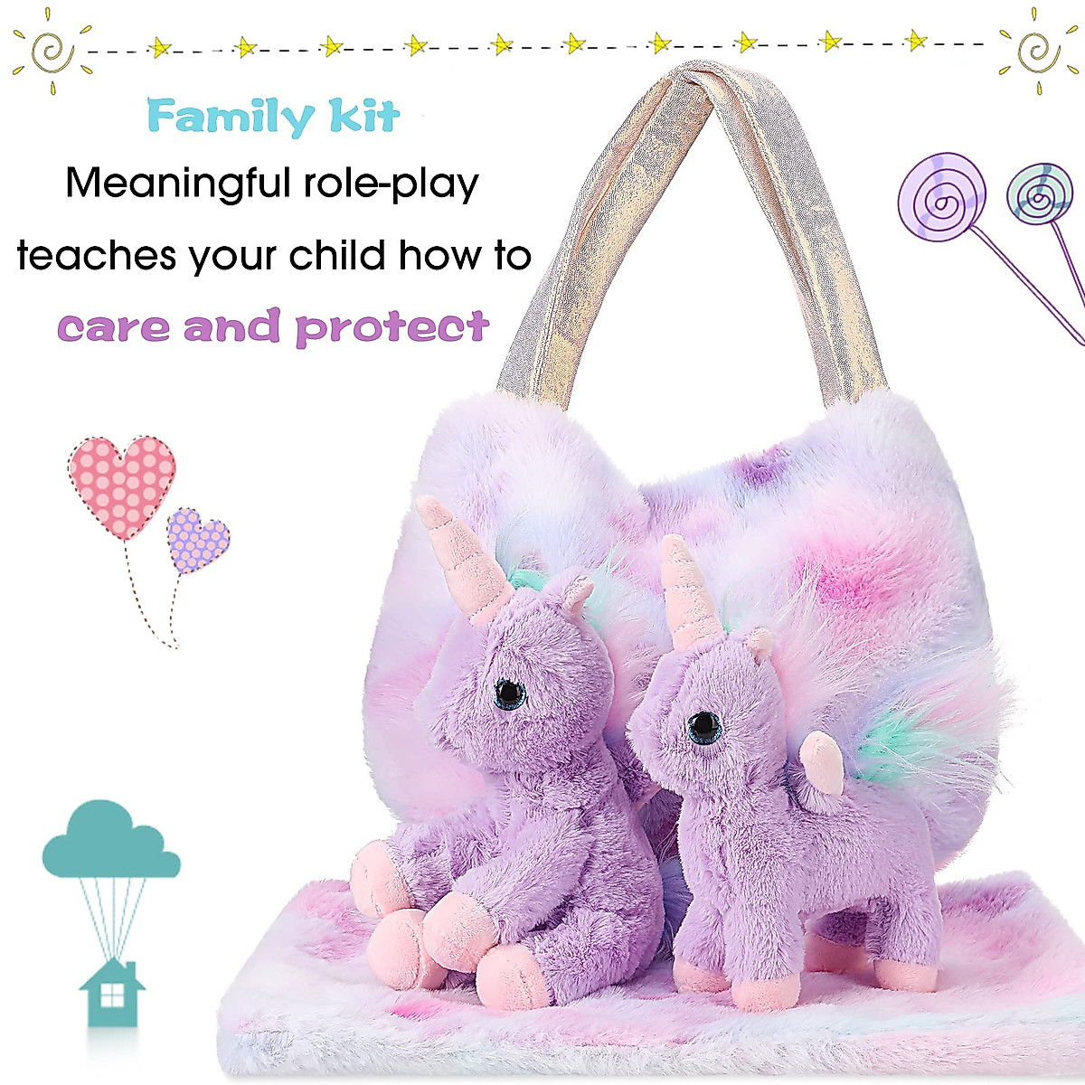 4 Pieces Unicorn Toys for Girls Plush Stuffed Unicorn Toys, XL Furry Bag and Doll Blanket, Adorable Plush Stuffed Animal Toy for Birthday Party Favors (Purple)