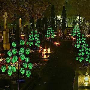 Upgraded 2 Pack Solar Halloween Decorations Lights, Halloween Outdoor Solar Stake Sign Lights with Scary Skull Shape Green LED Lights for Halloween Outdoor Pathway Cemetery Garden Yard Porch Decor