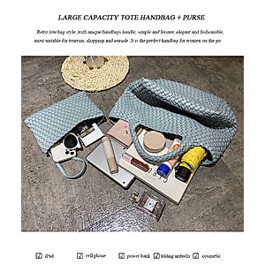 Hereubuy Now Women's Fashion Woven Bag Shopper Hand-Woven Tote Handbags and Purse for Women Ladies Vegan Soft PU Leather Shoulder Bags Large Capacity Underarm (Woven - Light Blue)