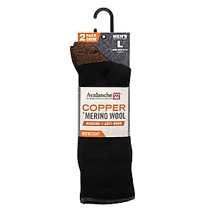 Avalanche Men's Odor Resistant Copper Wool Blend Crew Socks With Arch Support 2-Pack Black 10-13