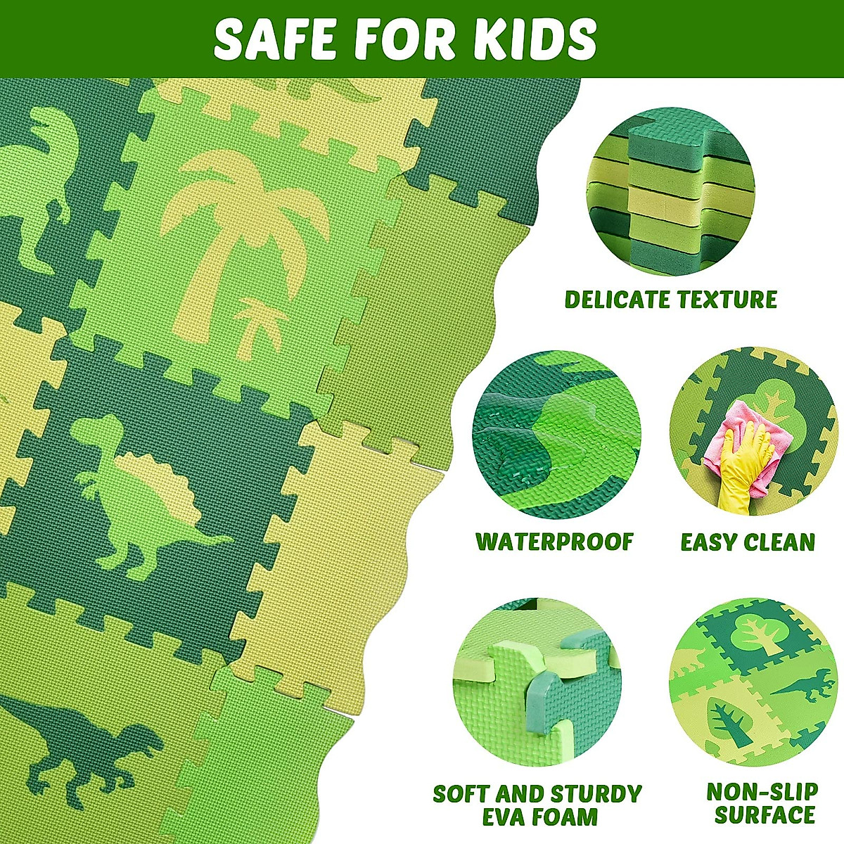 Dino Baby Foam Play Mat, 36 PCS Soft Thick Non-Toxic EVA Interlocking Foam Floor Tiles with Fence, Cute Dinosaur Crawling Puzzle Mat for Toddlers Activity Room Décor