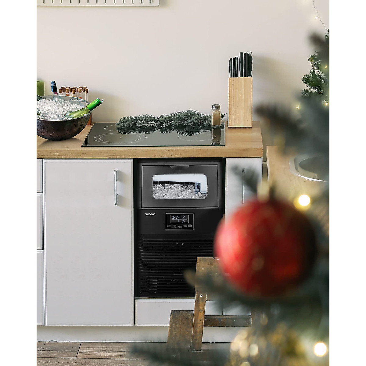 Silonn Commercial Ice Maker Machine, 84LBS/24H, Full Heavy Duty Stainless Steel Construction, Self-Cleaning, Clear Cube for Home Bar, Include Scoop, Connection Hose