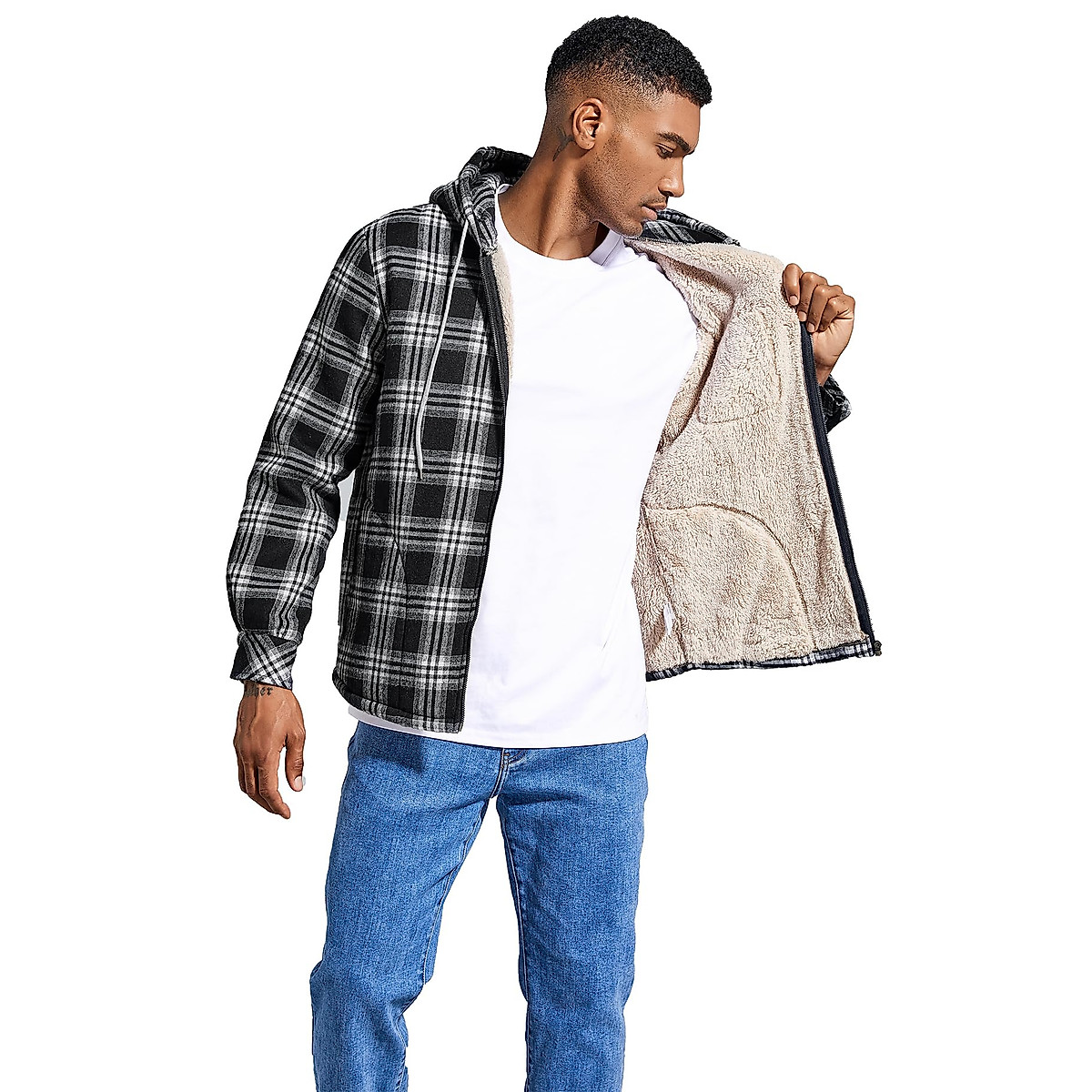 Elesuit Men's Flannel Shirt Jacket Plaid Full Zip Hoodie Fleece Lightweight Jacket Warm Winter Casual Thick Coats Black Large