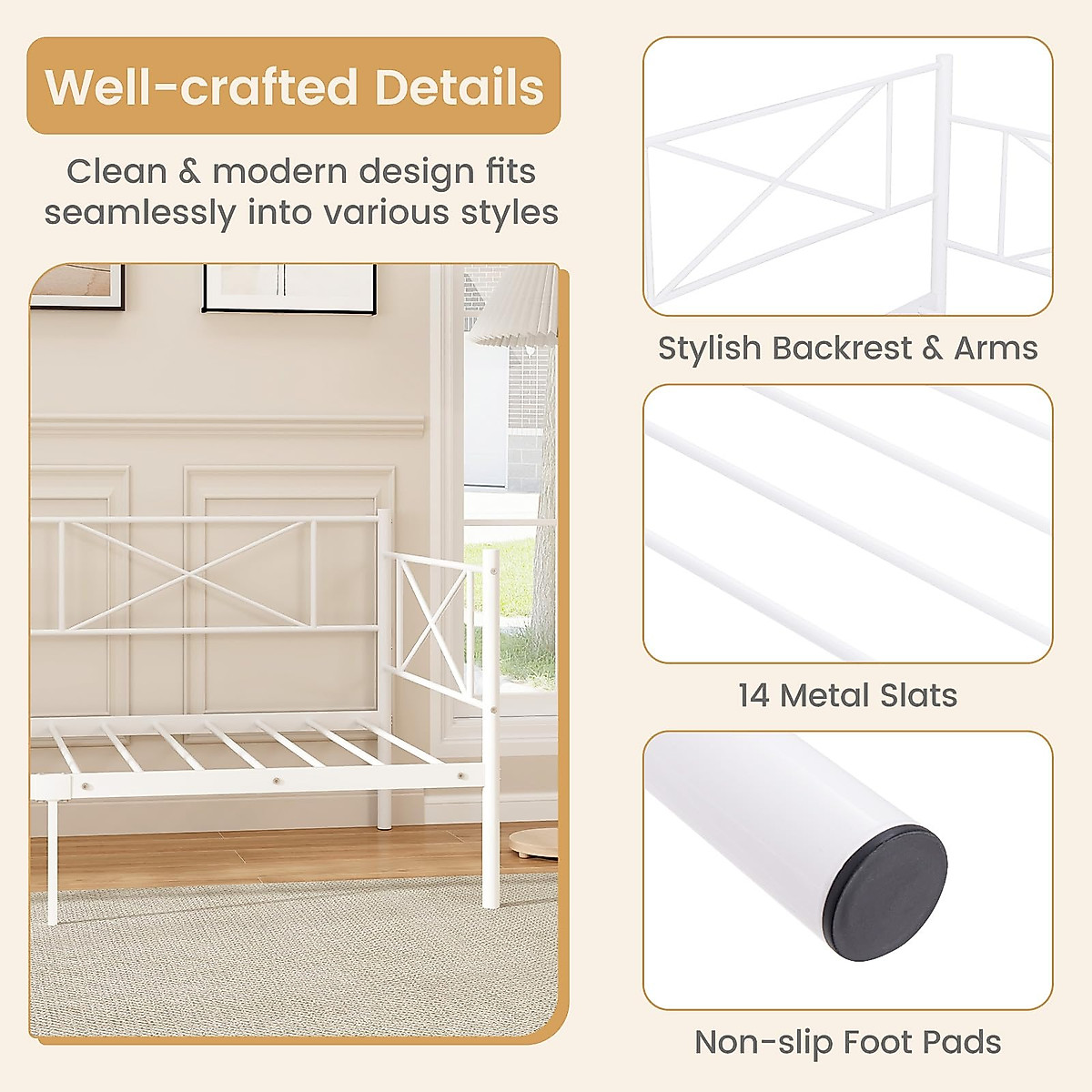 Giantex Daybed Frame, Twin Size Metal Day Bed with Heavy-Duty Metal Slat Support, Space-Saving Sofa Daybed with Headboard, Modern Twin Daybed for Guest Room Living Room Bedroom (White)