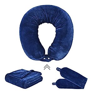 SOCHOW Travel Blanket or Neck Pillow, 2-in-1 Soft Fleece Blanket with Neck Pillowcase Sets for Airplane Car Camping and Office, Navy Blue