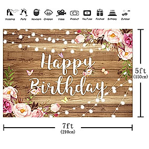 Aperturee 7x5ft Pink Floral Happy Birthday Backdrop Butterfly Wooden Floor Watercolor Flowers Girls Women Photography Background Banner Cake Table Supplies Party Decoration Photo Booth Props Banner