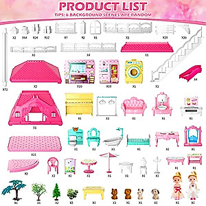 Doll House, Dream House Furniture Pink Girl Toys, 4 Stories 10 Rooms Dollhouse with 2 Princesses Slide Accessories, Toddler Playhouse Gift for for 3 4 5 6 7 8 9 10 Year Old Girls Toys