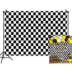 8x6FT Cosplay Party Banner Checkered Flag Photography Backdrop White and Black Racing Checker Texture Grid Birthday Chess Board Photo Background Decor Photo Booth Studio Props