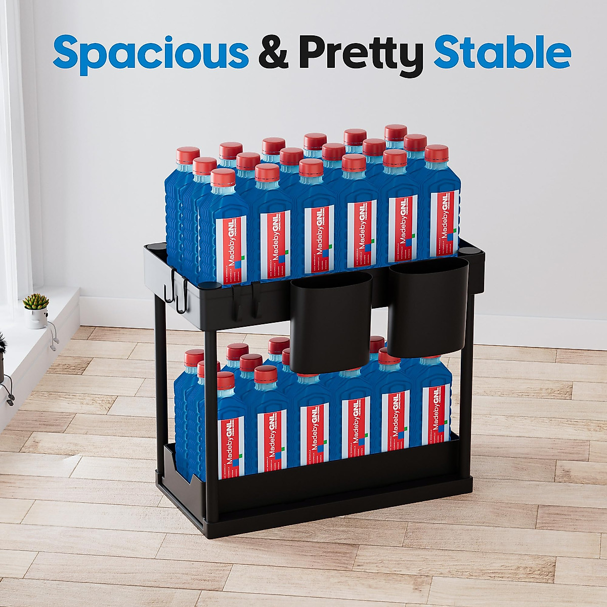 MadebyGNL Under Sink Organizer, Black, ABS Plastic, Slide-Out Basket, 2-Tier, 4 Hooks, 2 Cups, No Tools Required, Easy Setup, Damp Cloth Wipe, Wide Application, After Sales Service