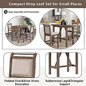 RUNNA 3-Piece Wood Kitchen Table Set, Drop Leaf Table Set with 2 X-Back Chairs for Small Places