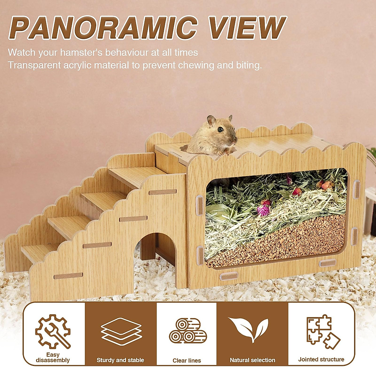 Hamster Digging Box, Small Visible Hamster Digging Room with Acrylic Transparent Board, Hamster Hideout and Exploration House with Climbing Ladder, Hamster Digging Wood Toy for Guinea Syrian Hamsters