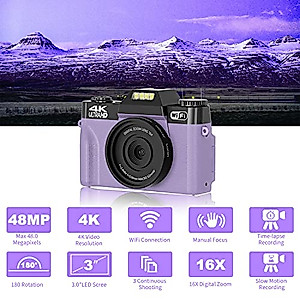 Vlogging Camera for YouTube, 4K 48MP Digital Cameras for Photography with WiFi, 16X Digital Zoom Manual Focus 52mm Wide-Angle Lens & Macro Lens, 32G Micro Card and 2 Batteries (Purple)