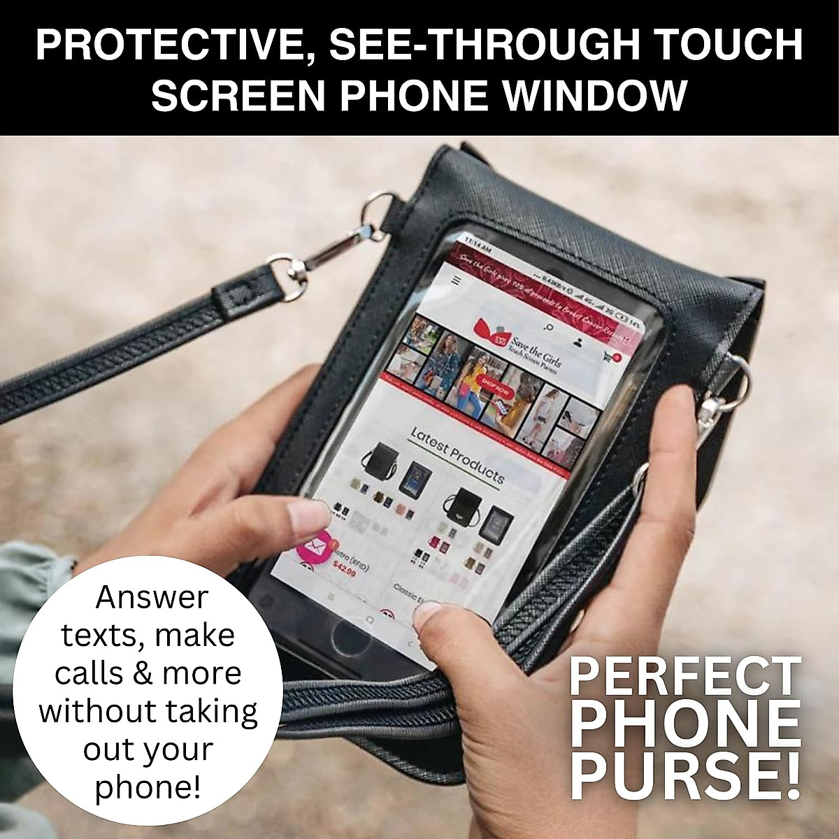 Save the Girls Cell Phone Purse Charming Cat Design (Black) - Touch Screen Women’s Crossbody Handbags (Just For Fun) - Phone Bag & Crossbody Phone Strap (Cat Purse)