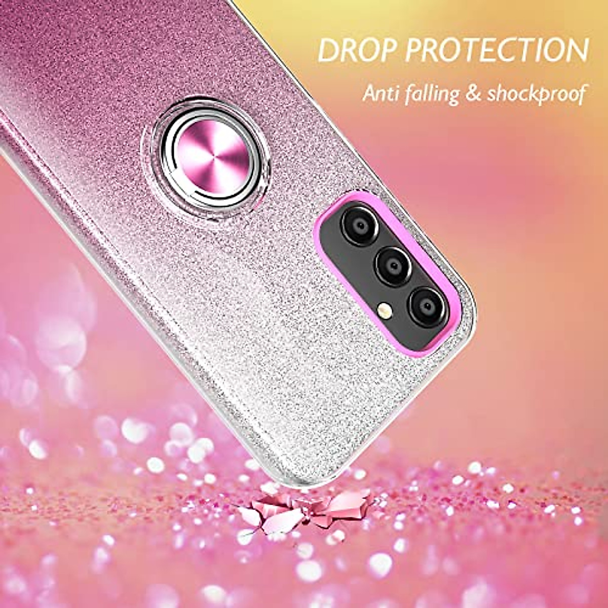 KSWOUS for Galaxy A14 5G Case with Screen Protector [2 Pack], Glitter Sparkly Bling Pink Protective Cover with Kickstand for Women Girls Slim Shockproof Case for Samsung A14 Phone Case (Pink