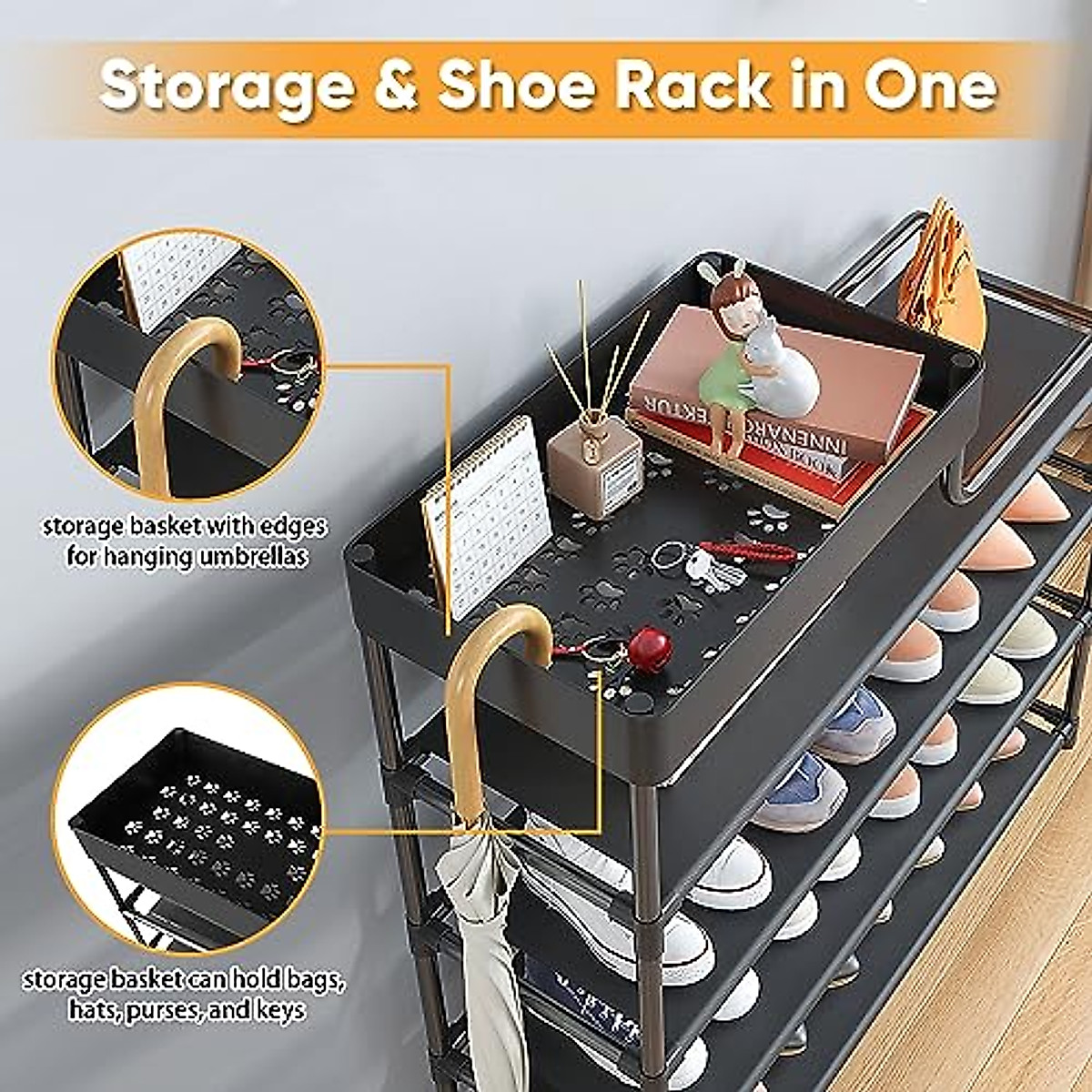 GNQJDC 4-Tier Shoe Rack Metal Shoe Organizer with 4 Fabric Shelves and Top Storage Basket Sturdy Durable Shoe Shelf for Closet Entryway Balcony Bedroom
