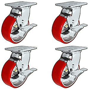 5" x 2" Heavy Duty Swivel Caster Set of 4 - Red Polyurethane on Steel Core with Brakes - 4,400 lbs Per Set of 4 - Toolbox Casters - CasterHQ