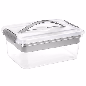 Yesland Stack & Carry Box with Removable Tray, 16 x 11 x 6.5 Inch Plastic Art Supply Storage Organizer Craft Storage Containers with Handle, Portable Organizer Bin for Stationery Sewing Jewelry, Grey