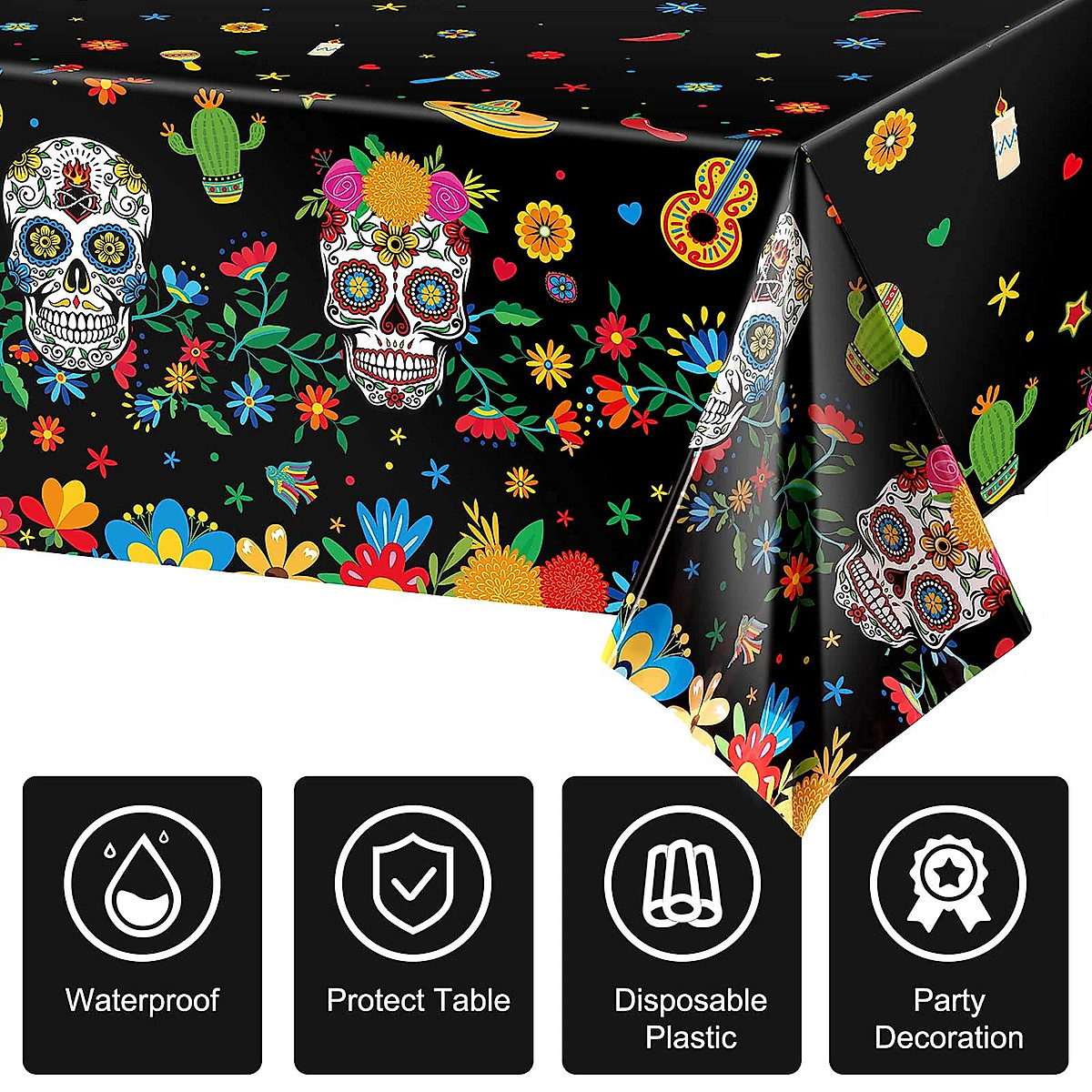 3 Pieces Day of The Dead Plastic Tablecloth Dia De Los Muertos Sugar Skull Floral Table Cloth Disposable Rectangle Table Cover for Halloween Mexican Fiesta Birthday Coco Party Supplies, 54 x 108 Inch