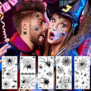 COKTAK 8 Sheets Large 3D Spider Web Temporary Tattoos Halloween Makeup Kit For Women Adults Realistic Witch Bat Zombie Fake Face Tattoos Sticker For Kids Men Adults Scary Halloween Decals Spiderweb