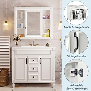 36 in Bathroom Vanity with Sink and Medicine Cabinet Set, 2 Drawers, 2 Doors and Shelves, Wood Single Sink Bathroom Cabinet with Soft Closing, Modern White Bathroom Vanity Set