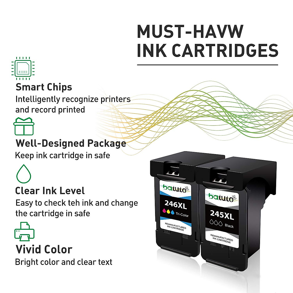 batuto Remanufactured Ink Cartridge 245xl 246xl Combo Pack Replacement for 245 XL Ink Cartridge for Pixma MX490 MX492 MG2522 TR4500 TR4520 TS3100 TS3122 TS3300 TS3322 TS3320(2 Black)