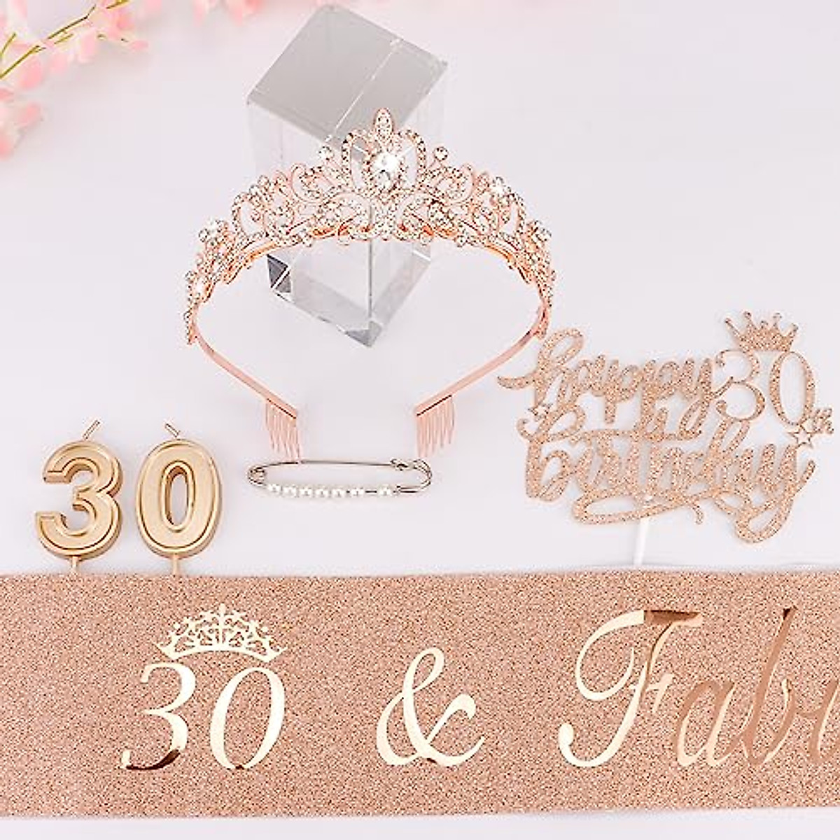 TOBATOBA 30th Birthday Decorations for Women, 30th Birthday Sash 30th Birthday Crown, Birthday Candles and Cake Toppers, 30th Birthday Gifts for Her, 30 Years Birthday Decorations, Rose Gold