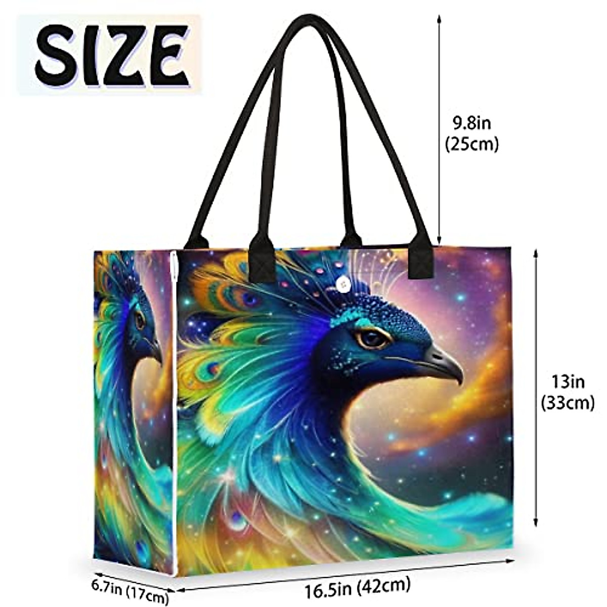 cfpolar Colorful Peacock Reusable Grocery Shopping Bag with Hard Bottom, HHQQQQ Large Foldable Multipurpose Heavy Duty Tote with Zipper Pockets, Sustainable, Durable and Eco Friendly, Beach Bag