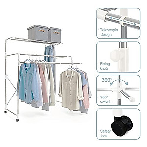 RYGOAL Clothing Racks for Hanging Clothes, 3 Tier Heavy Duty Garment Rack with Retractable Hanging Pole and 360° Rolling Casters, Multifunctional Bedroom Clothes Rack Freestanding Closet Wardrobe Rack