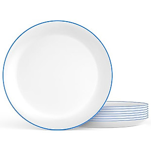 HomeElves Dinner Plates Set of 8, 10.5 inch Opal Glass Plate Set, Lightweight Kitchen White Plates, Break and Chip Resistant, Safety for Microwave & Dishwasher,Blue Rim