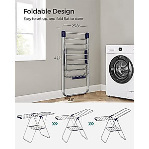 SONGMICS Clothes Drying Rack, with Bonus Sock Clips, Stainless Steel Gullwing Space-Saving Laundry Rack, Foldable for Easy Storage, Silver