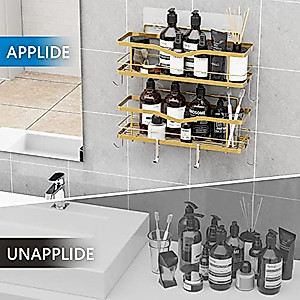 MZF 2-Pack Shower Caddy, No Drilling Adhesive Shower Shelf, Rustproof Stainless Steel Bathroom Shower Organizer Storage, Shower Shelf for Inside Shower & Kitchen Storage, Gold