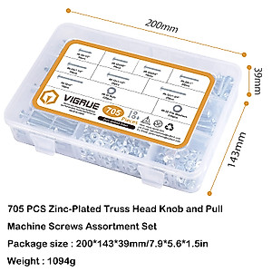 VIGRUE 705PCS #8-32x1/2 to #8-32x2 Machine Screws 8/32 Knob/Pull Screws Bolt Nut Flat Washers Zinc-Plated Steel Phillips Machine Screws Assortment Kit, Cabinet Door and Drawer Screws