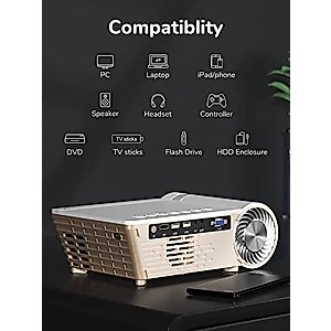 YEHUA Mini Projector with WiFi and Bluetooth,4k Portable Projector HD 1080P and 200" Screen Supported, LED Outdoor Movie Projector with Remote,Compatible with iOS,Android,HDMI,VGA,AV,2 USB Interface