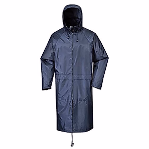 Portwest S438 Men's Waterproof Raincoat - Lightweight Long Rain Jacket with Hood and Pockets Navy, Large